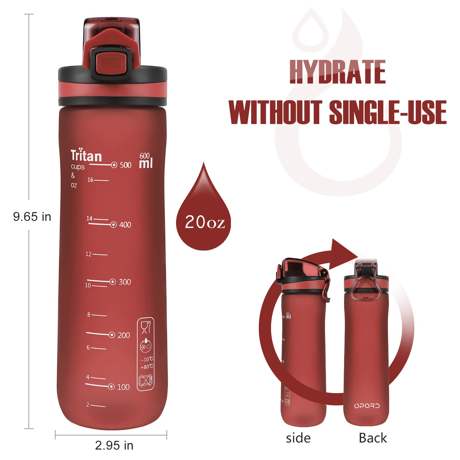 Opard Peak Water Bottle 20 Oz BPA Free Tritan Plastic Leak Proof Flip Top for School Kids Sports Gym Yoga Camping (Red)