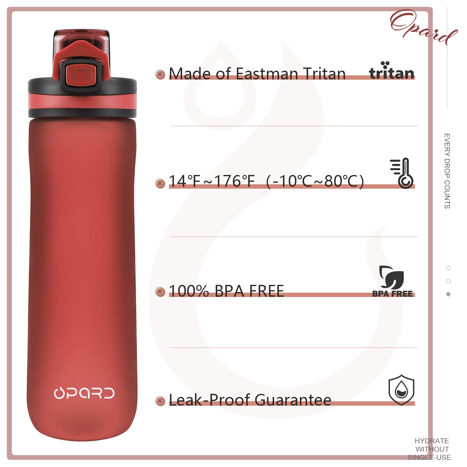 Opard Peak Water Bottle 20 Oz BPA Free Tritan Plastic Leak Proof Flip Top for School Kids Sports Gym Yoga Camping (Red)