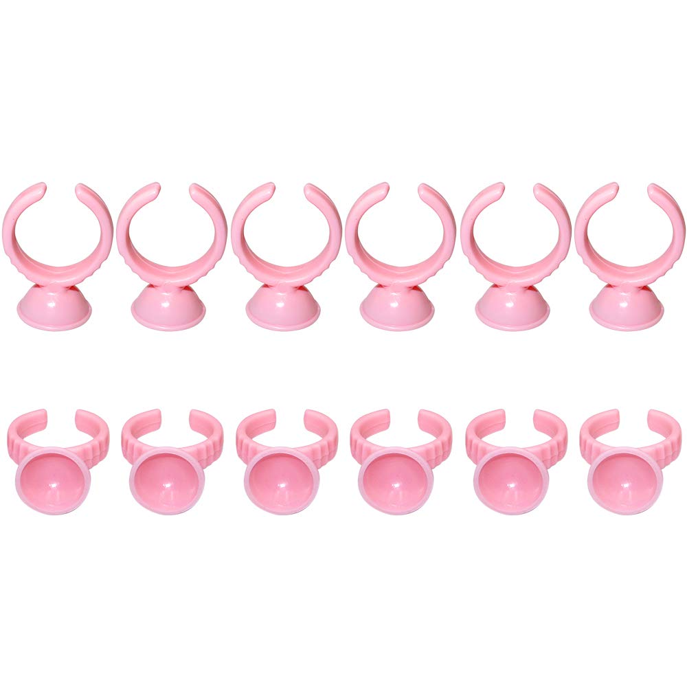 G2PLUS 100PCS Pink Disposable Plastic Nail Art Tattoo Glue Rings Holder Eyelash Extension Rings Adhesive Pigment Holders Finger Hand Beauty Tools (Pink)