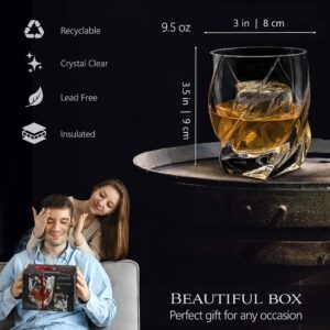 JAMES BENTLEY Glass Vride Heavy Tumbler – Elevate your Drinking Experience with our Whiskey Set of 2 Hand Blown, Double Wall Glass Tumbler (9.5oz) with Ice Mold Tray - Whiskey Glasses for Men