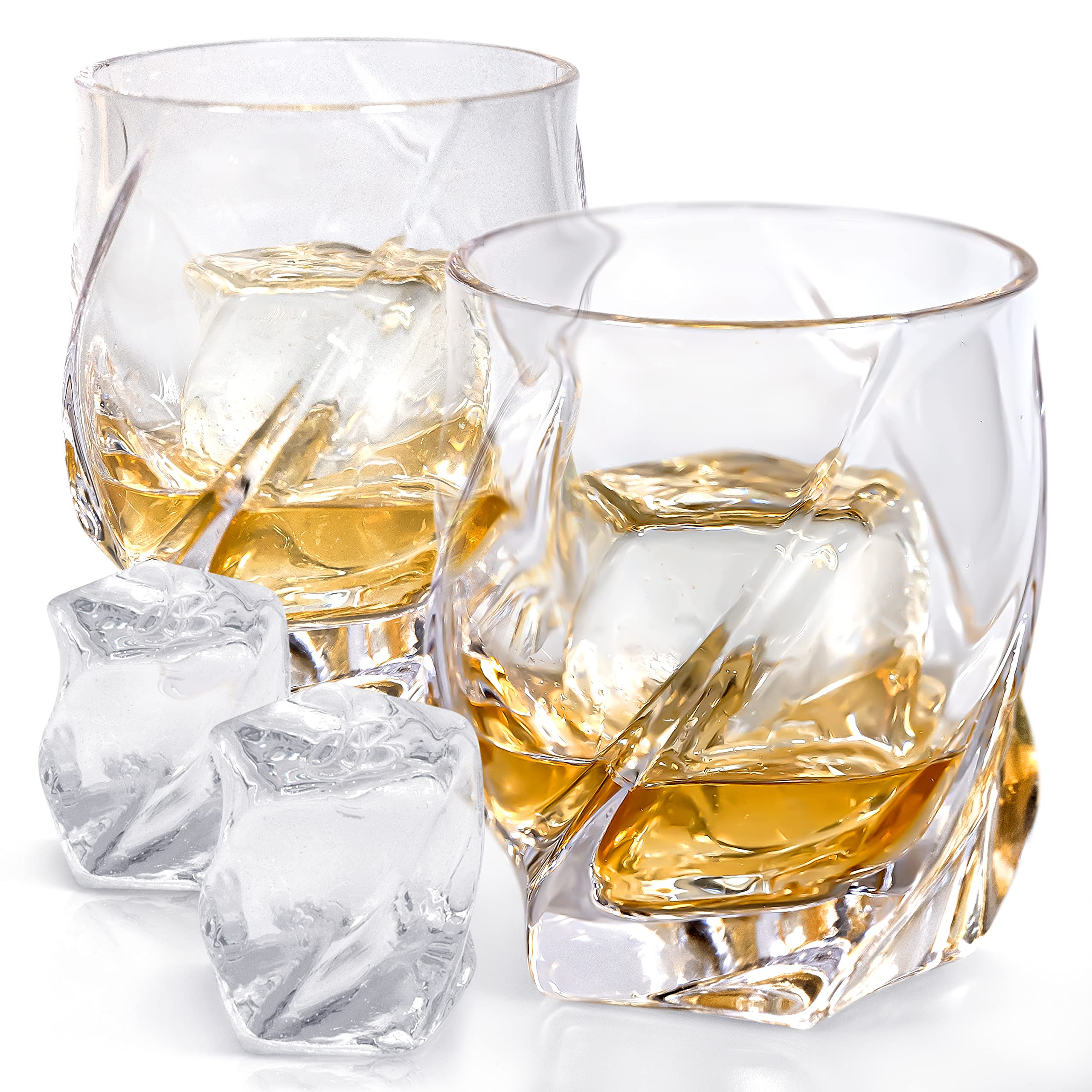 JAMES BENTLEY Glass Vride Heavy Tumbler – Elevate your Drinking Experience with our Whiskey Set of 2 Hand Blown, Double Wall Glass Tumbler (9.5oz) with Ice Mold Tray - Whiskey Glasses for Men