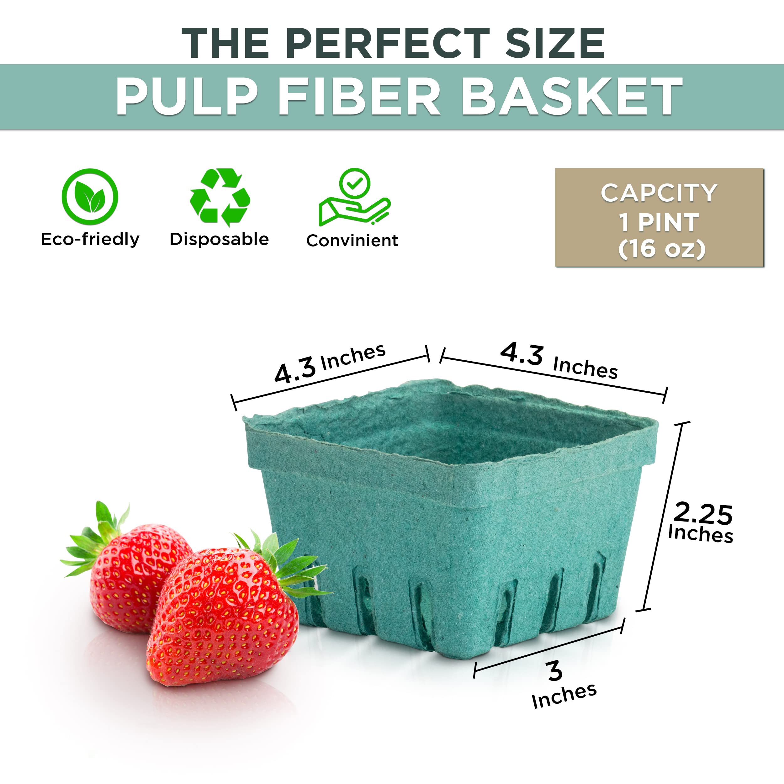 FMP Brands Pint Green Molded Pulp Fiber Berry Basket Produce Vented Container for Fruit and Vegetable, Farmer Market, Grocery Stores and Backyard Party, 44 Pack