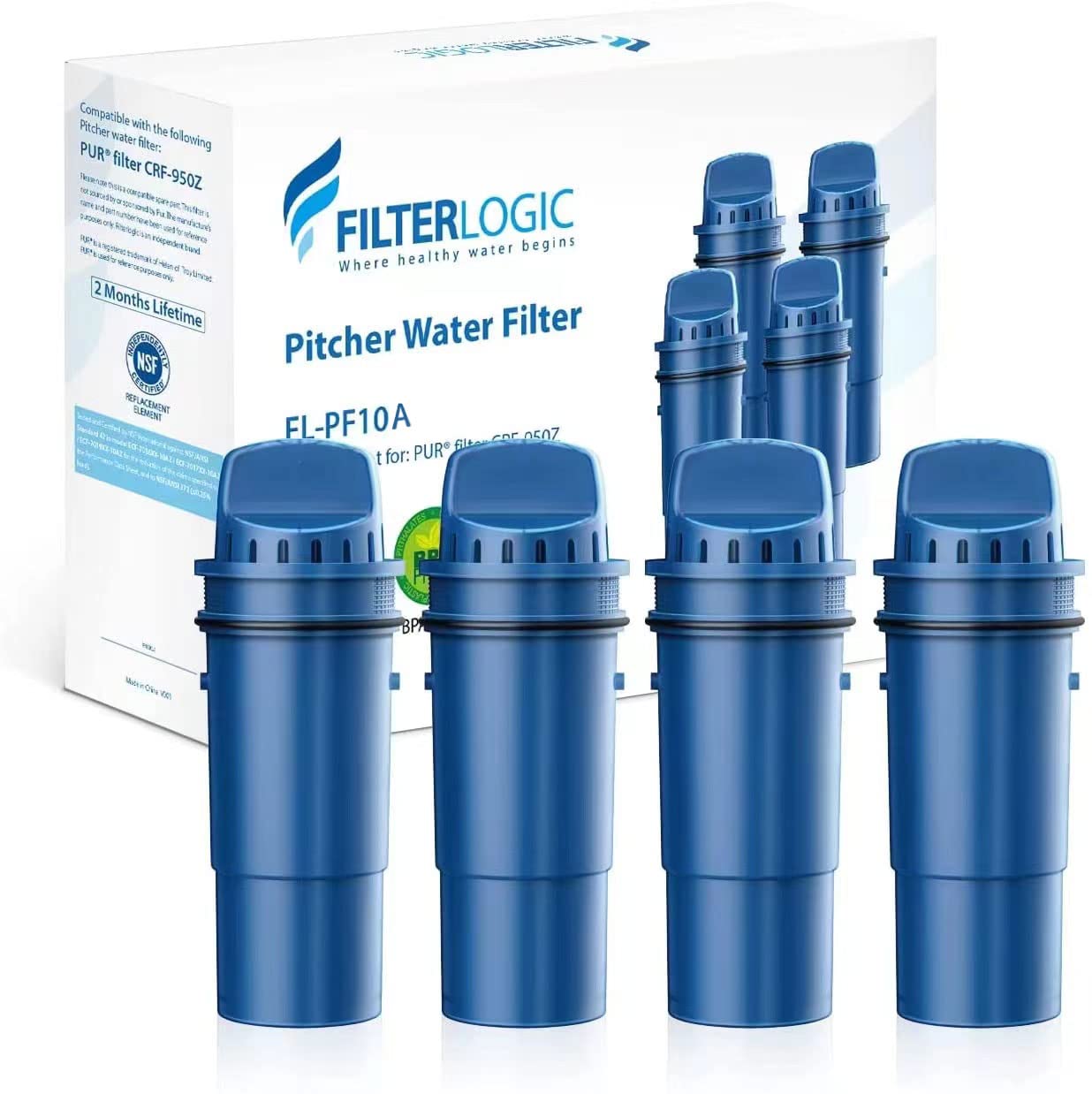 Filterlogic NSF Certified Pitcher Water Filter, Replacement for Pur® Pitchers and Dispensers PPT700W, CR-1100C and PPF951K Water Filter (Pack of 4) (Package May Vary)