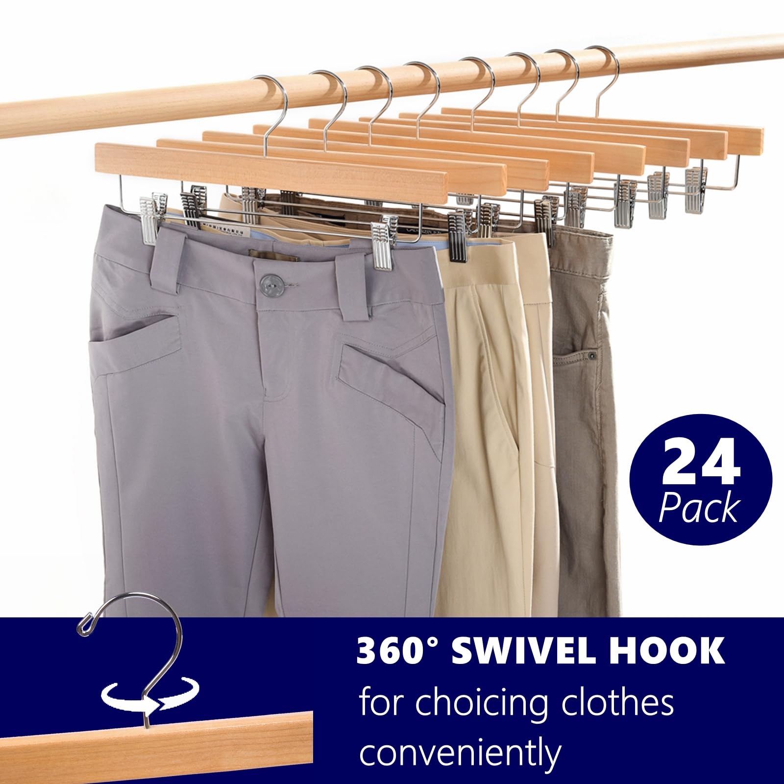 Amber Home 24 Pack Natural Wooden Pants Hangers with Clips, Wood Skirt Hangers Trouser Hangers for Jeans, Slacks, Shorts with 2-Adjustable Clips (Natural, 24 Pack)