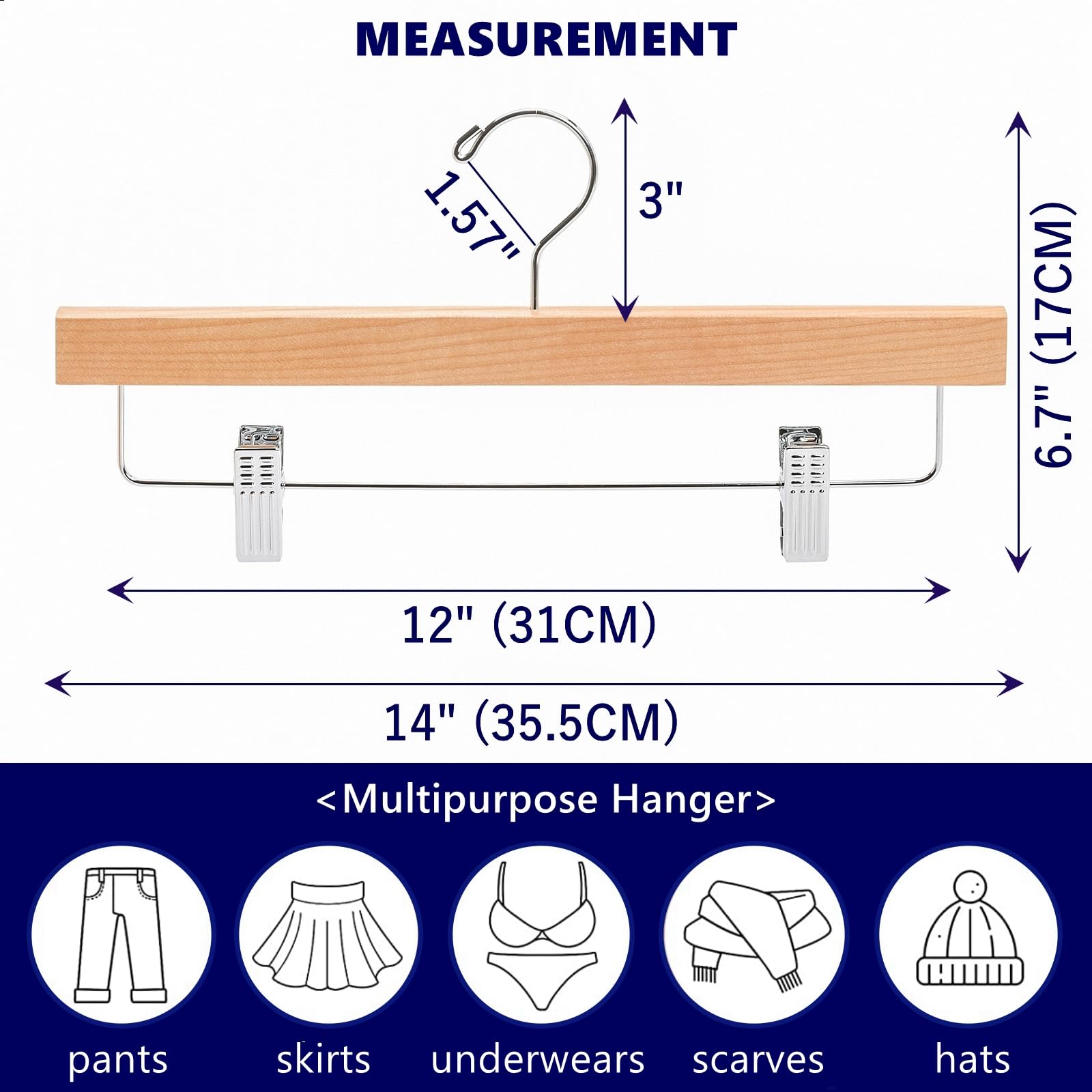 Amber Home 24 Pack Natural Wooden Pants Hangers with Clips, Wood Skirt Hangers Trouser Hangers for Jeans, Slacks, Shorts with 2-Adjustable Clips (Natural, 24 Pack)