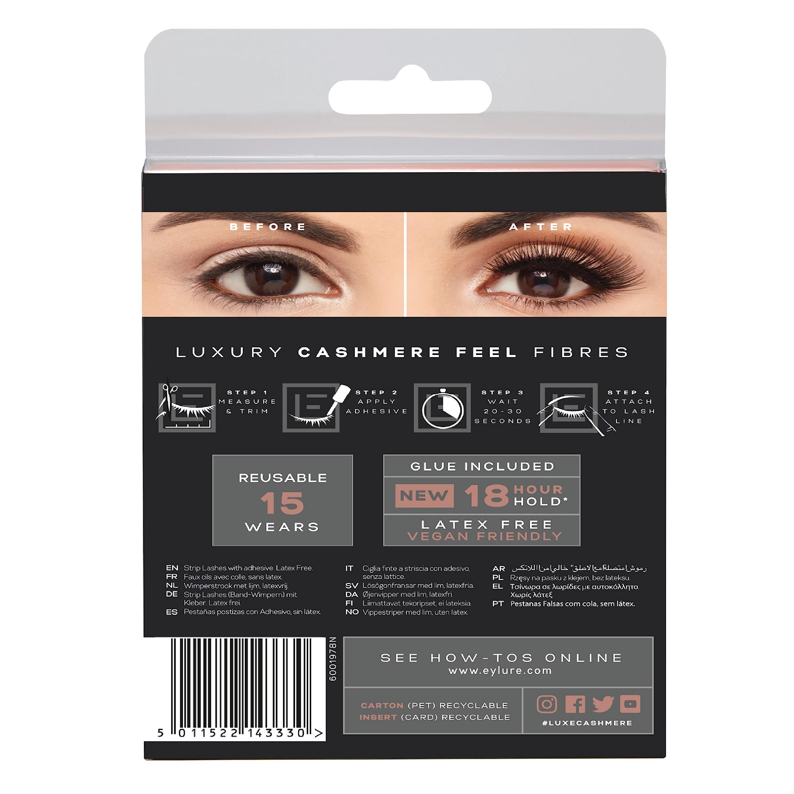 Eylure False Lashes, Luxe Cashmere No. 6 with Adhesive Included, 1 Pair Black