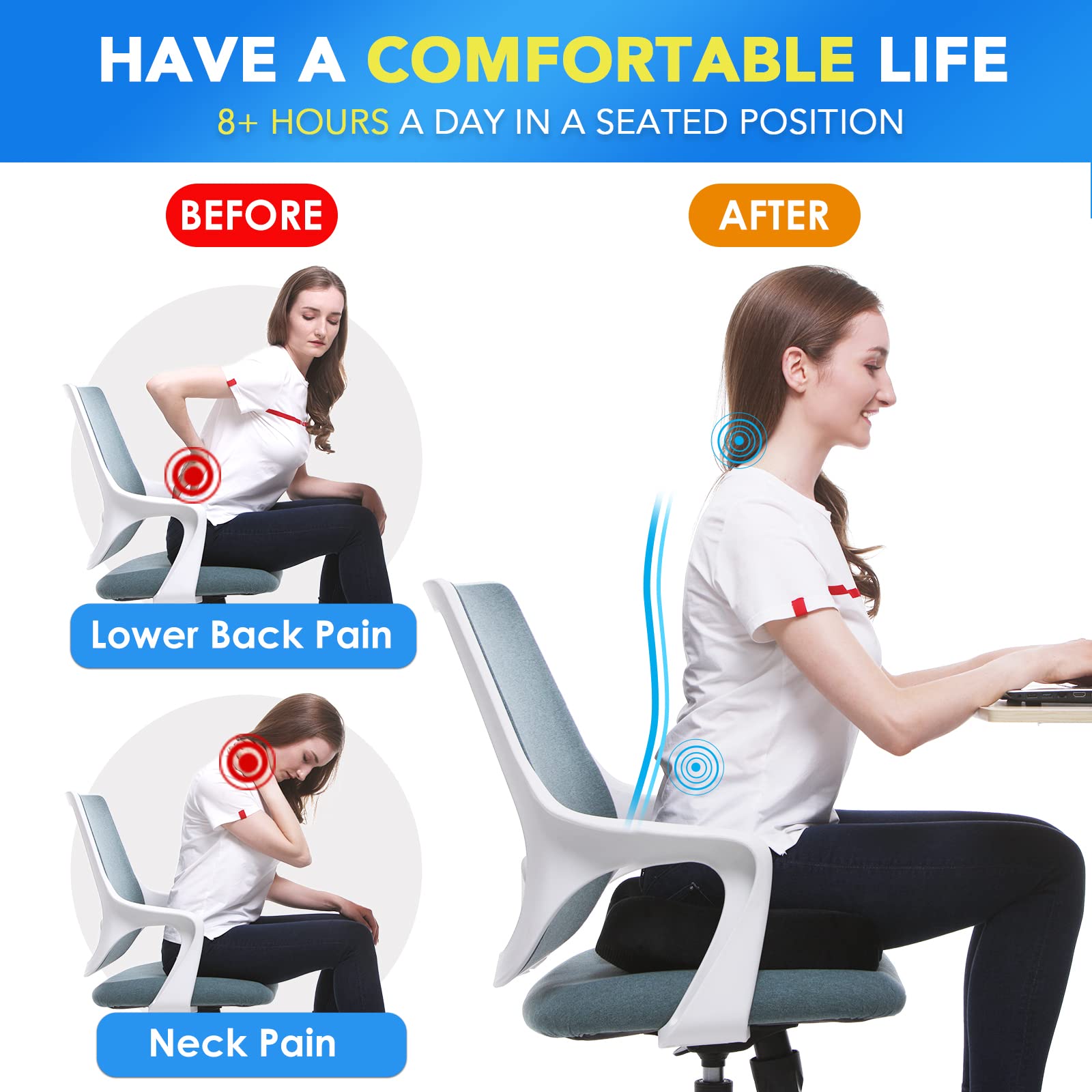 Gel Seat Cushion for Office Chair Coccyx Cushion for Tailbone Pain Relief - Memory Foam Car Seat Cushion for Back Chair Cushion for Desk Chair, Wheelchair, Computer Sciatica Pillow for Sitting