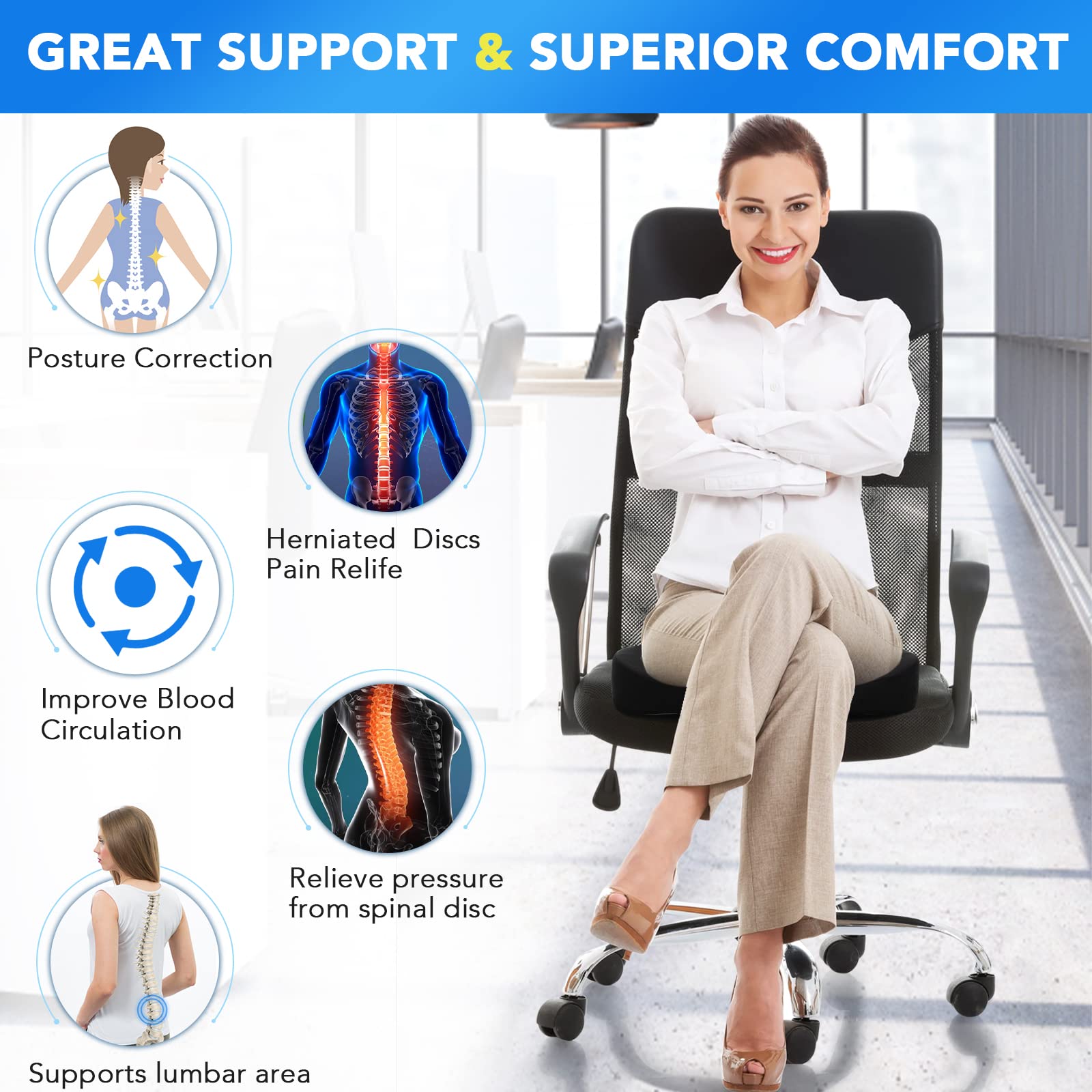 Gel Seat Cushion for Office Chair Coccyx Cushion for Tailbone Pain Relief - Memory Foam Car Seat Cushion for Back Chair Cushion for Desk Chair, Wheelchair, Computer Sciatica Pillow for Sitting