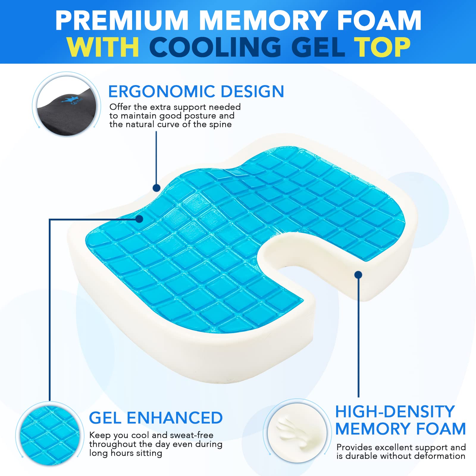 Gel Seat Cushion for Office Chair Coccyx Cushion for Tailbone Pain Relief - Memory Foam Car Seat Cushion for Back Chair Cushion for Desk Chair, Wheelchair, Computer Sciatica Pillow for Sitting