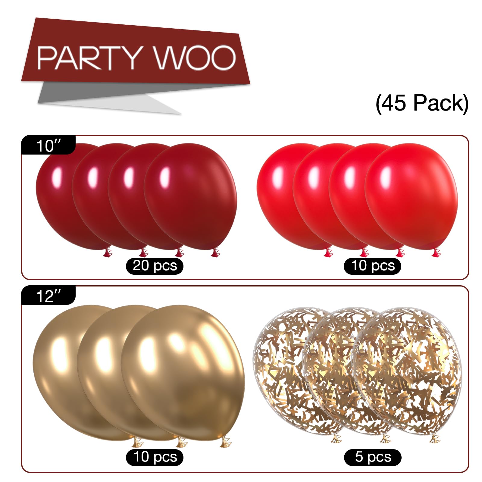 PartyWoo Red and Gold Balloons, 45 pcs Burgundy Balloons, Ruby Red Balloons, Gold Confetti Balloons, Gold Metallic Balloons for Red and Gold Party Decorations, Burgundy Party Decorations