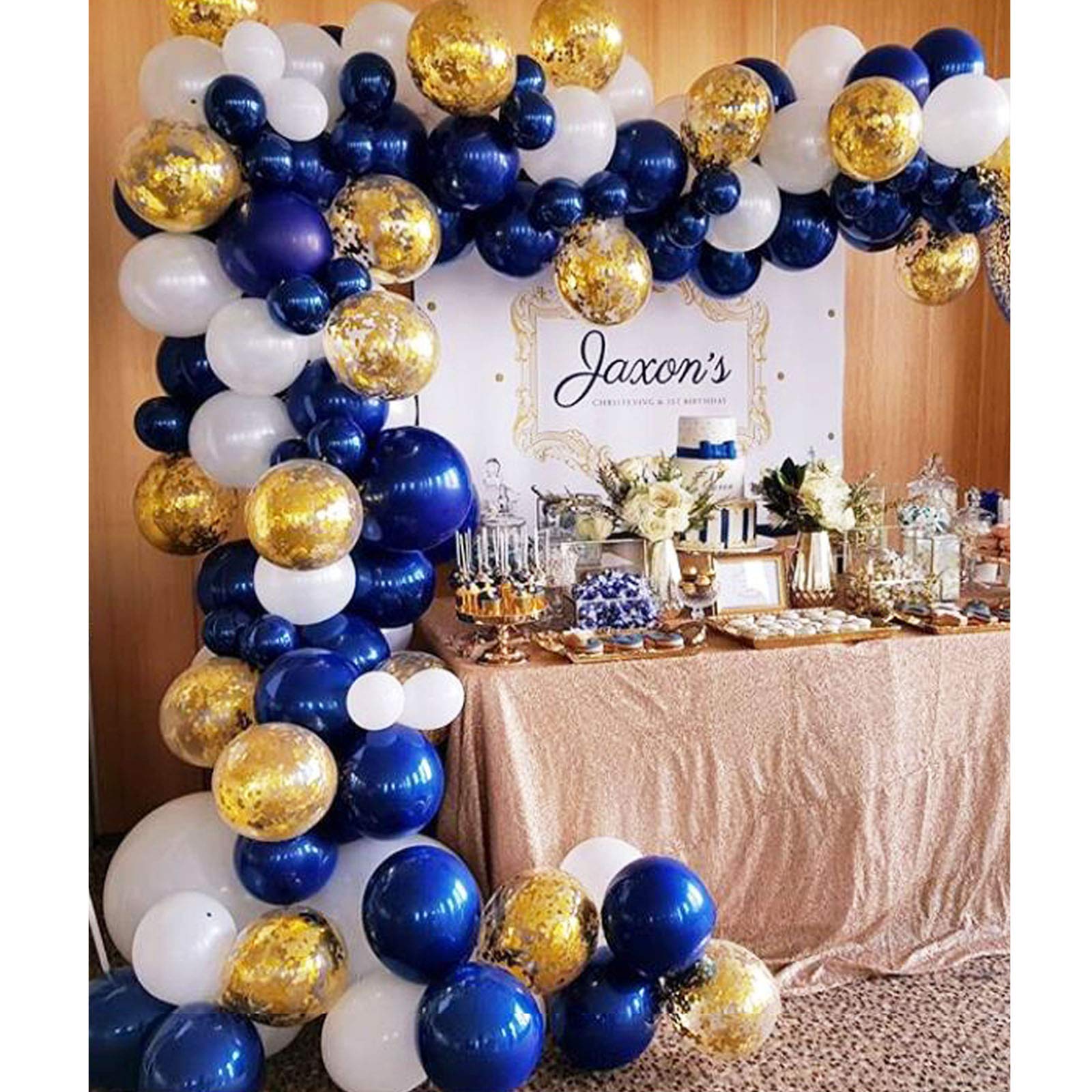 Soonlyn Navy Blue and Gold Balloons 130 Pcs 12 Inch Confetti Balloons White Latex Balloon Garland Kit with Balloon Accessories for Baby Shower 1st Birthday Wedding Party