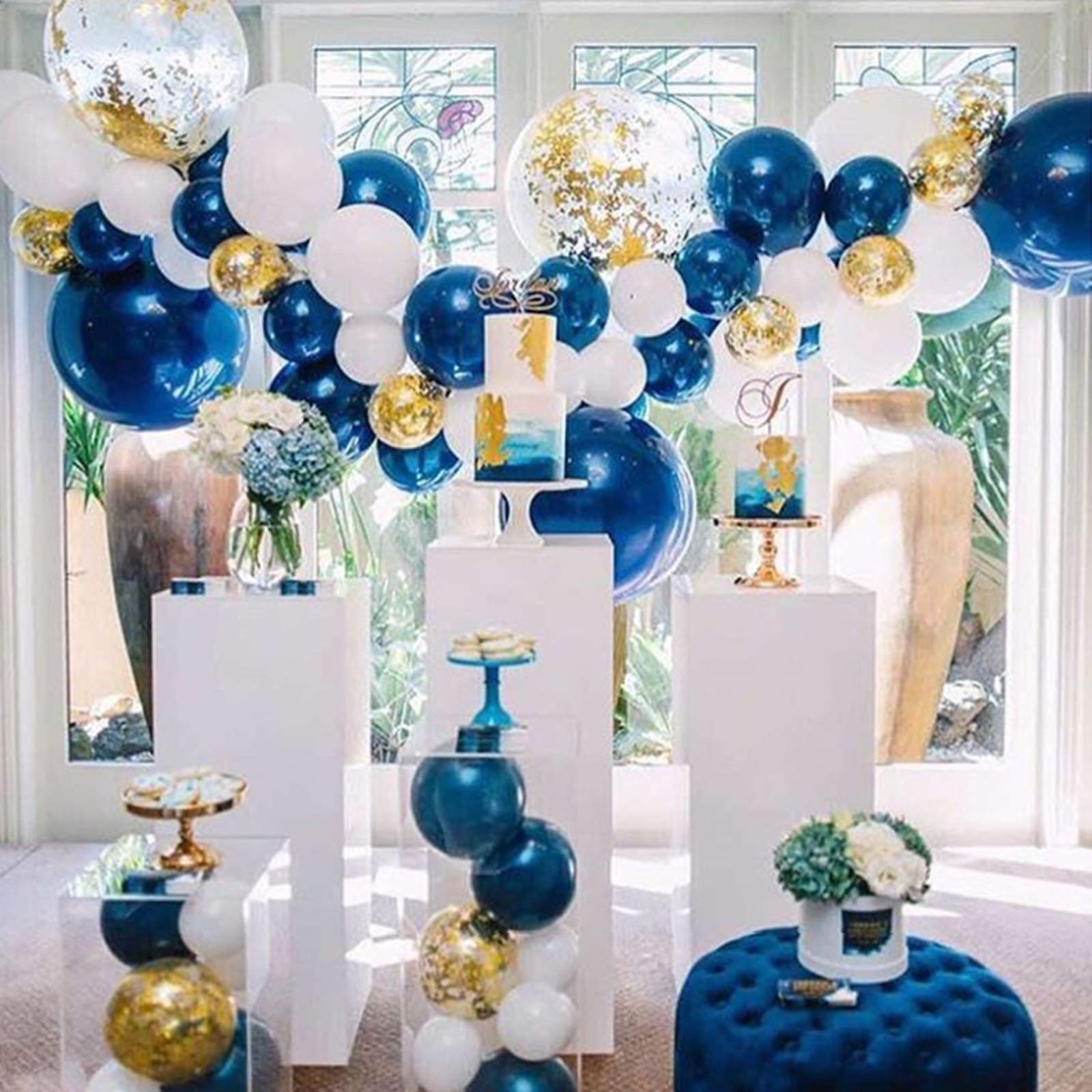 Soonlyn Navy Blue and Gold Balloons 130 Pcs 12 Inch Confetti Balloons White Latex Balloon Garland Kit with Balloon Accessories for Baby Shower 1st Birthday Wedding Party