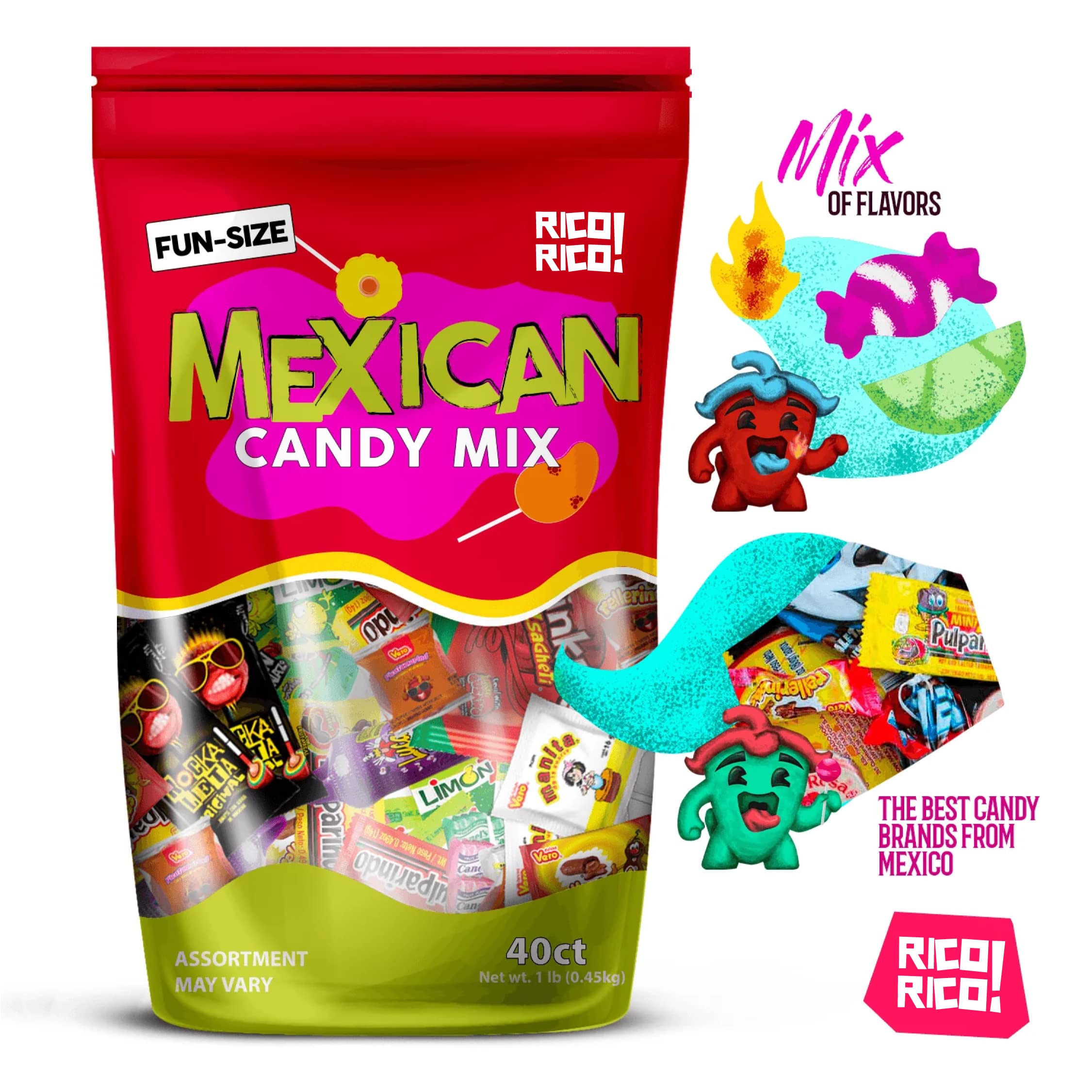 RICO RICO Mexican Candy 50 pcs - Dulces Mexicanos Surtidos, Mexican Snacks, Mexican Candies, Sweet and Spicy Candy Assortment Mix by RICO RICO