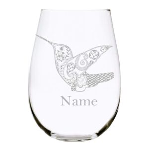 hummingbird with name 17 oz. stemless wine glass