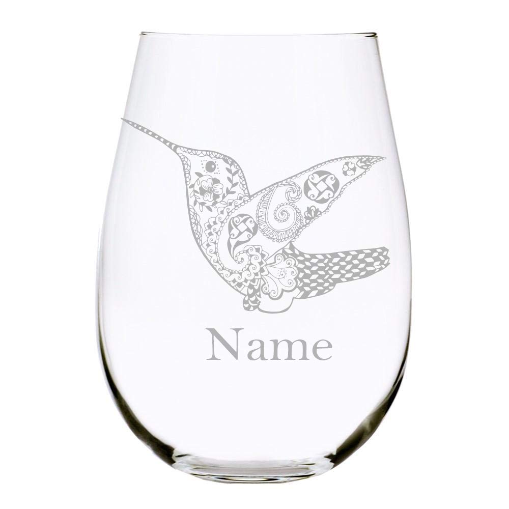 Hummingbird with name 17 oz. stemless wine glass