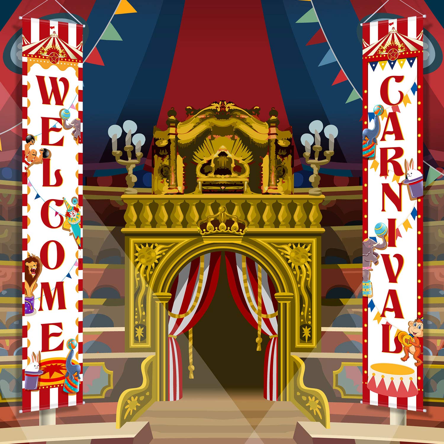 Carnival Decoration Porch Sign Carnival Circus Birthday Party Welcome Banner Decoration Set Circus Carnival Banner Carnival Party Supply Decor Home Decorations (Red and White)