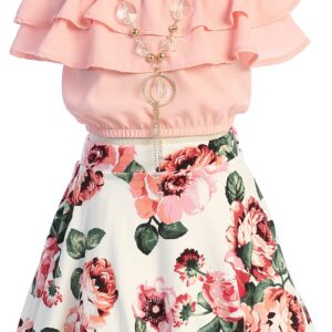 Cold Shoulder Crop Top Ruffle Layered Top Flower Girl Skirt Sets for Big Girl Blush 12 JKS 2130S