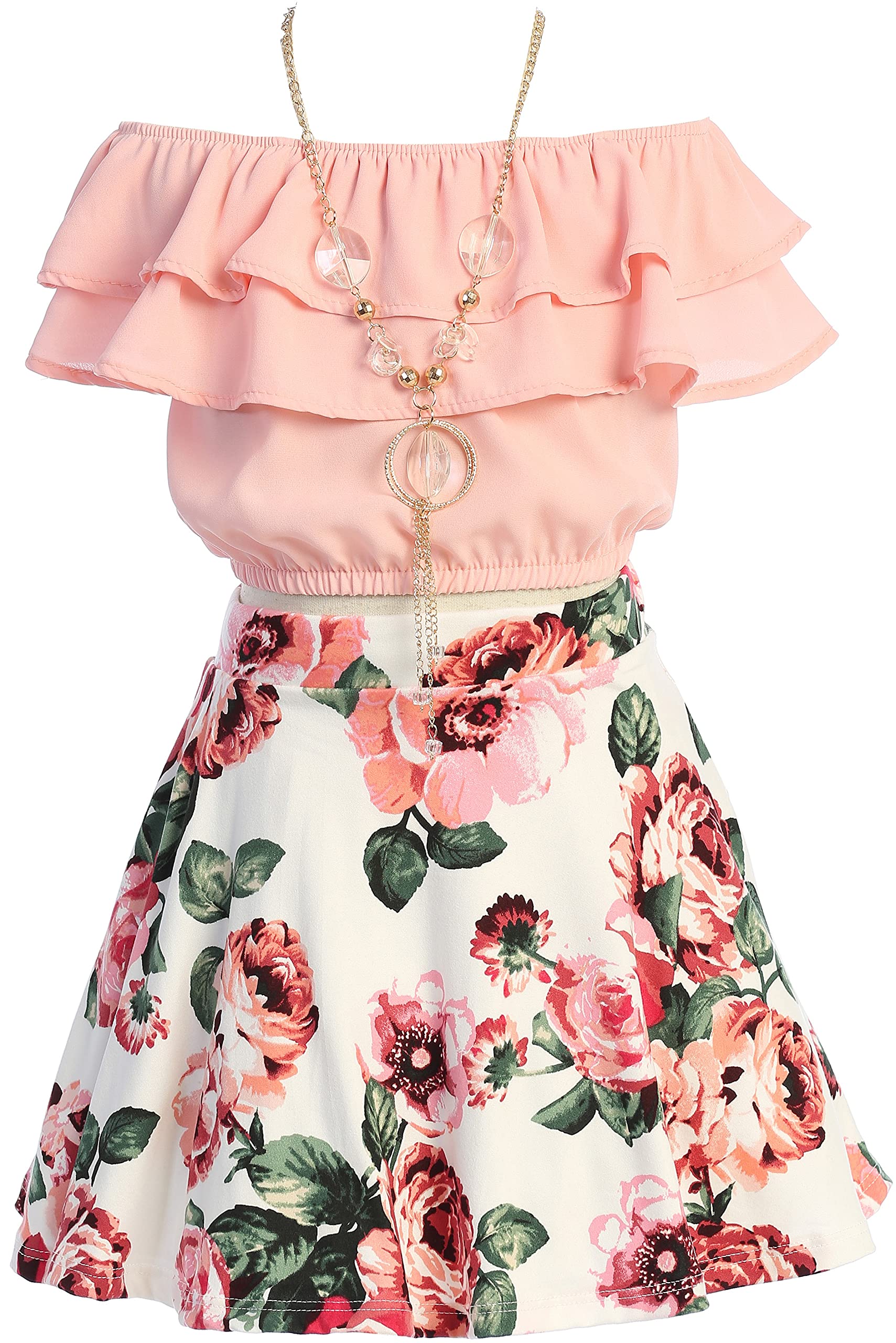 Cold Shoulder Crop Top Ruffle Layered Top Flower Girl Skirt Sets for Big Girl Blush 12 JKS 2130S