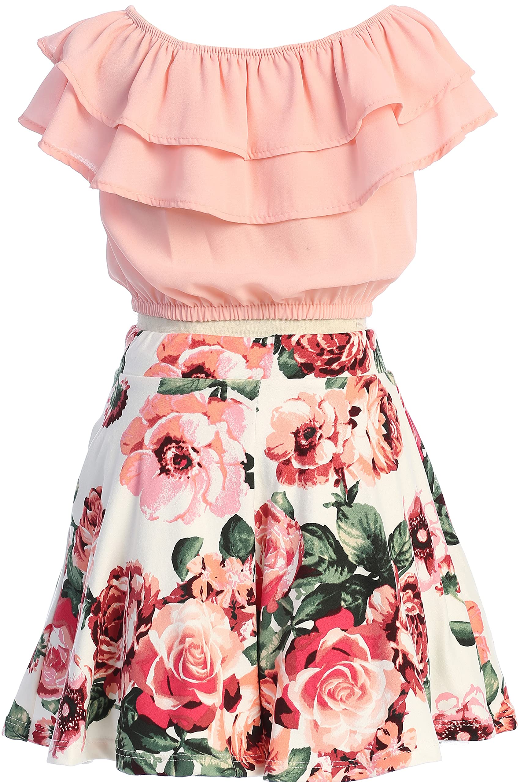 Cold Shoulder Crop Top Ruffle Layered Top Flower Girl Skirt Sets for Big Girl Blush 12 JKS 2130S