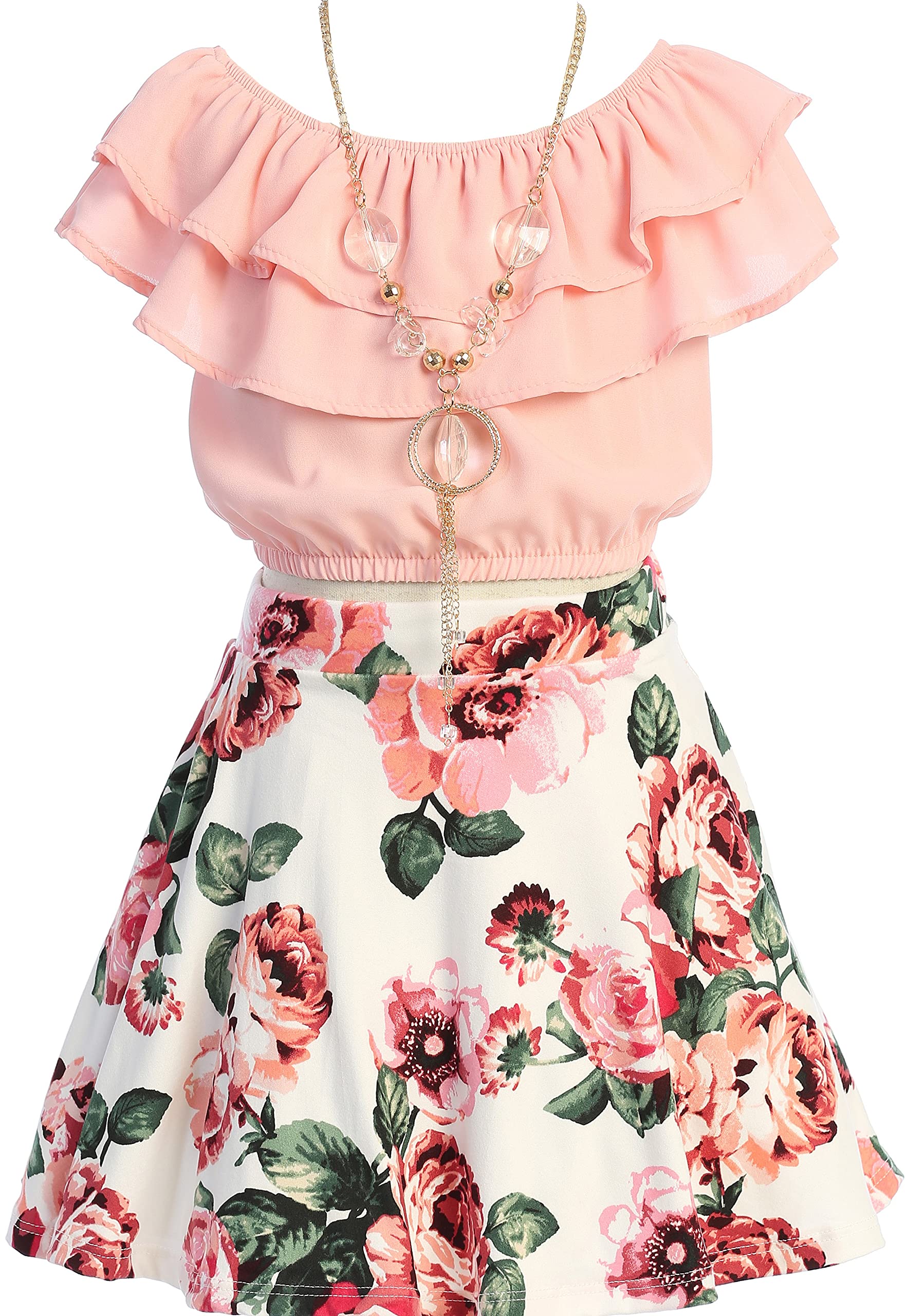 Cold Shoulder Crop Top Ruffle Layered Top Flower Girl Skirt Sets for Big Girl Blush 12 JKS 2130S