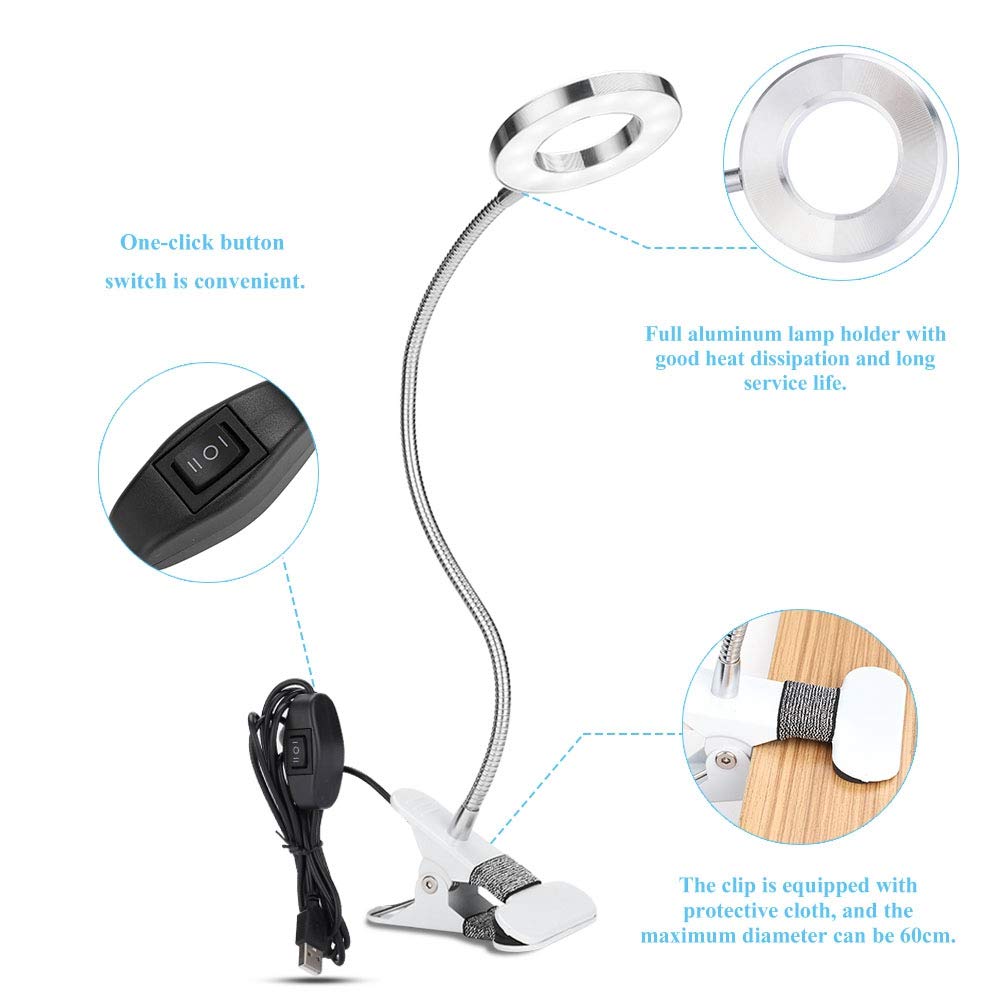 Desk Lamp Clip on Light, USB Powered LED Desk Lamp, Reading Light, Round Ring Arm Flexible Swing Eye Protection Eye Caring Small Lamp for Bed Headboard Reading Makeup Eyebrow