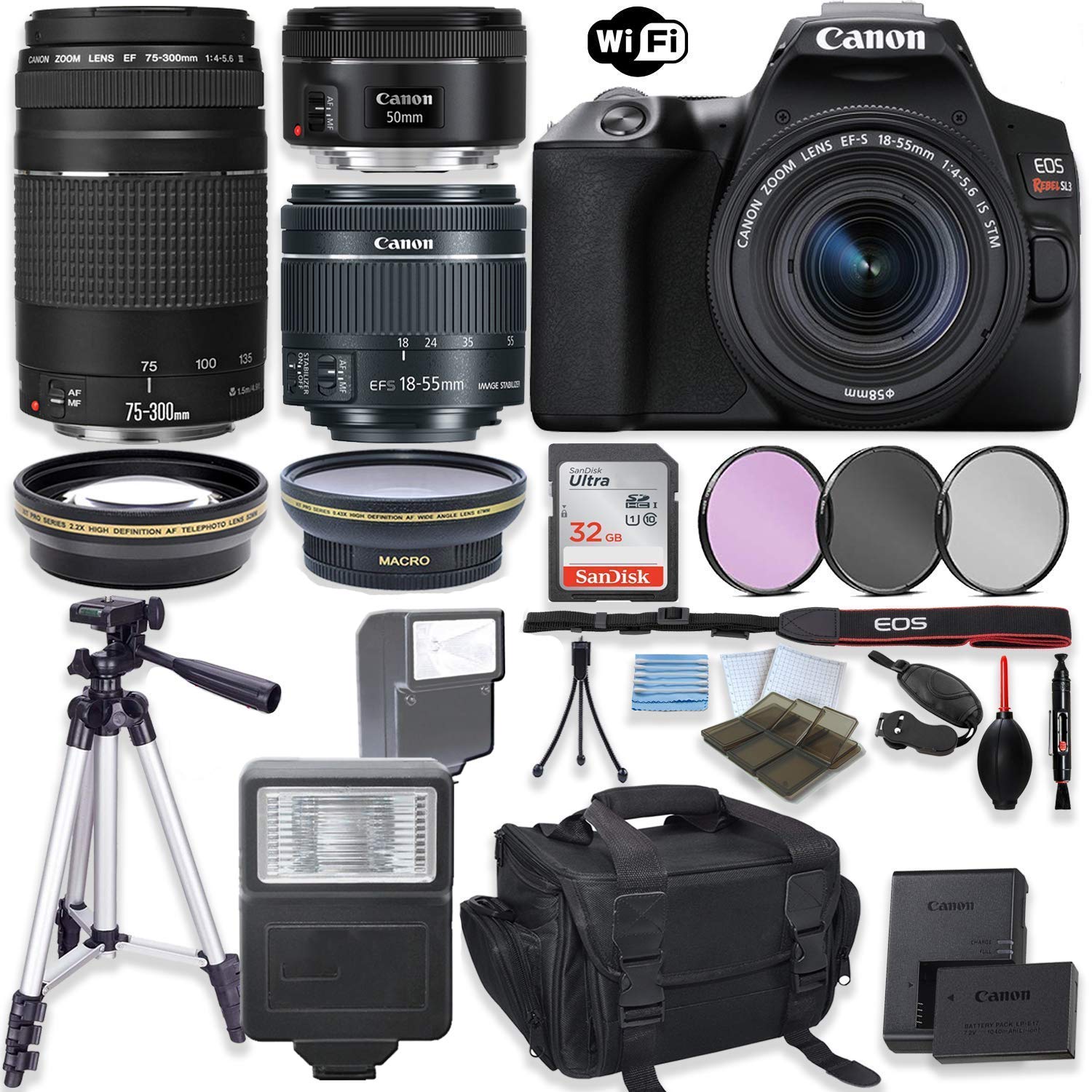 Canon EOS Rebel SL3 DSLR Camera with Canon EF-S 18-55mm f/4-5.6 is STM Lens + EF 75-300mm f/4-5.6 III Lens + EF 50mm f/1.8 STM Lens + 32GB Sandisk Memory + Pro Slave Flash + Holiday Special Bundle