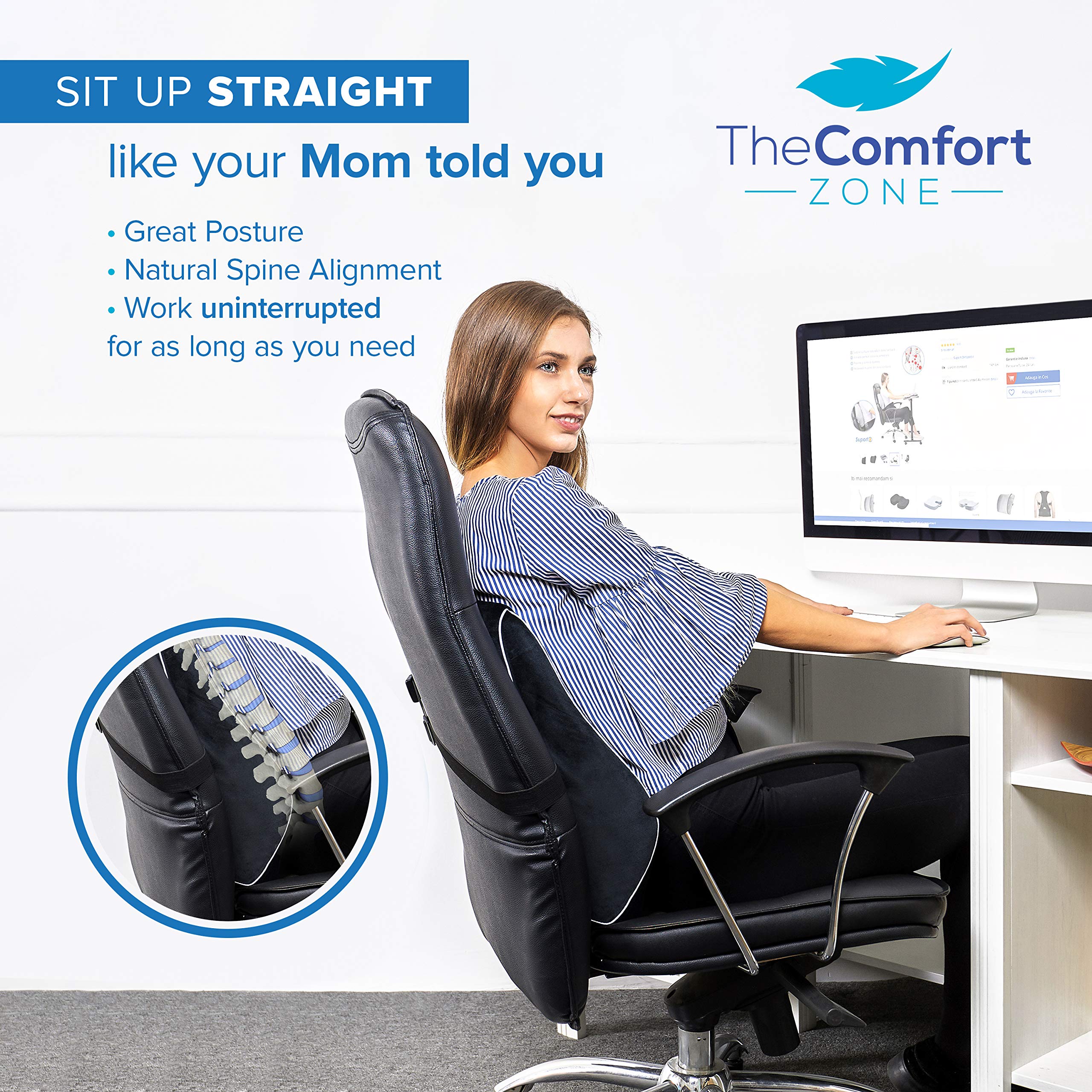 TheComfortZone Lumbar Support Pillow for Office Chair - Seat Cushion for Lower Back Pain Relief - Desk Chair, Car, and Gaming Chair Backrest - Memory Foam Lumbar Pillow