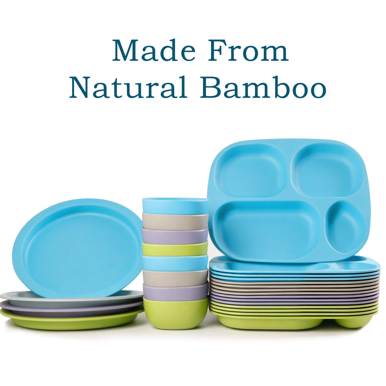 Shopwithgreen Bamboo Divided Plates for Kids Adults - Dinnerware for Toddlers Kids Children Baby, BPA Free, Stackable, Dishwasher Safe, 9.4 inch, Set of 4