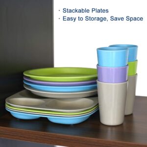 Shopwithgreen Bamboo Divided Plates for Kids Adults - Dinnerware for Toddlers Kids Children Baby, BPA Free, Stackable, Dishwasher Safe, 9.4 inch, Set of 4