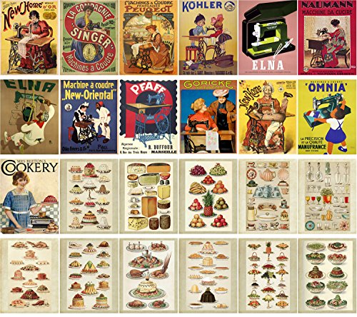 Large Stickers (24 pcs 2.5"x3.5") Sewing Machine Vintage Adverts Posters and Cooking Book