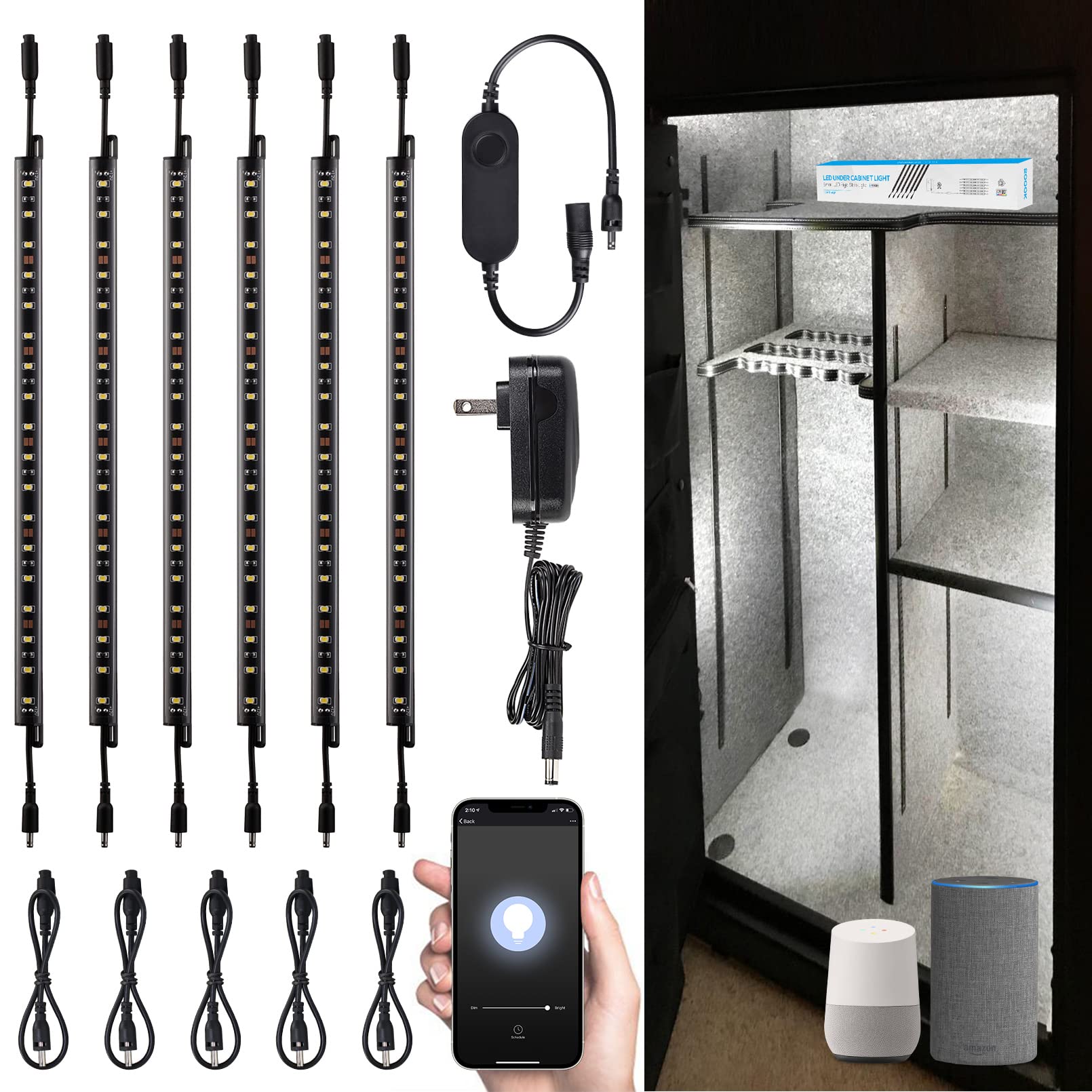 TORCHSTAR Smart LED Safe Lighting Kit, Voice & APP Control (6) 12 Inch Dimmable Linkable Light Bars, Compatible with Alexa, 900LM, 100-240V, for Under Cabinet Display Closet Showcase, 5000K Daylight