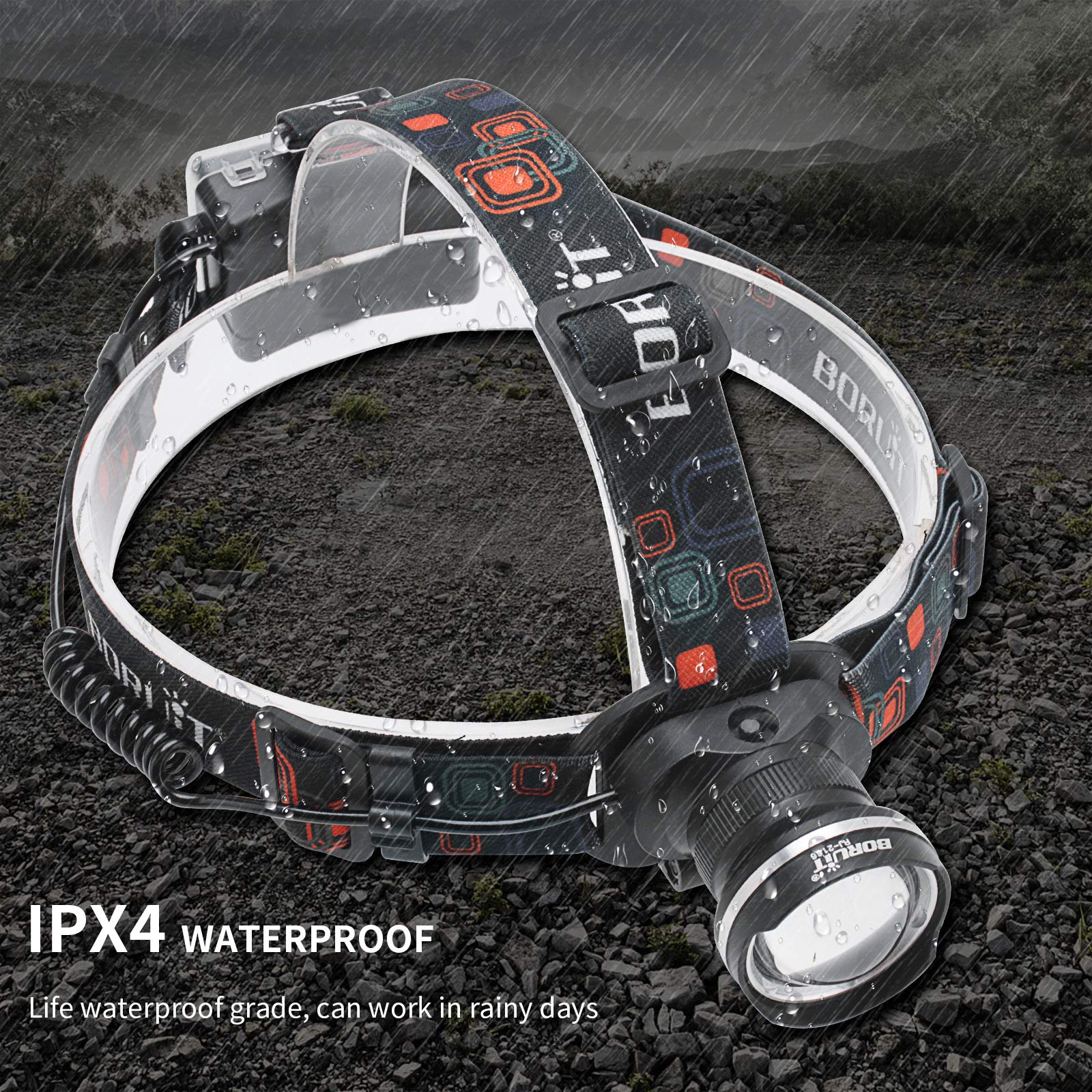 BORUIT RJ-2166 1000 Lumens LED Headlamp with White Light,3 Modes Adjustable Headlight Flashlight,IPX4 Waterproof Head Torch Perfect for Running, Camping, Hiking(Black)