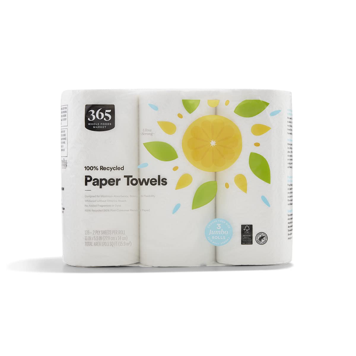 365 by Whole Foods Market, Paper Towels 135 Sheet Jumbo Rolls 3 Count, 135 Count