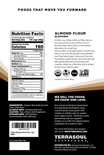 Terrasoul Superfoods Organic Almond Flour, 1 Lb - Fine Texture | Grain-Free | Gluten-Free | Perfect for Keto Baking