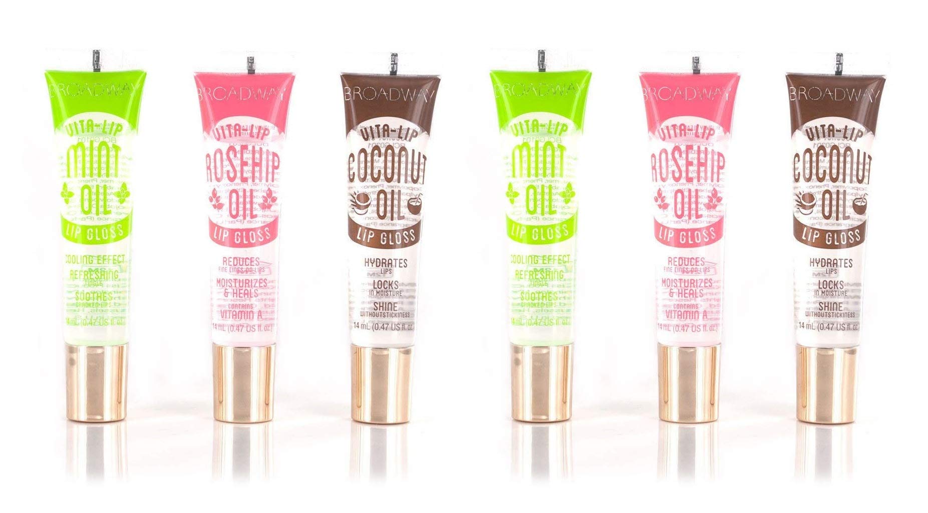 6-PACKS Kiss Broadway Clear Lip Gloss (#1 Mint,Coconut,Rosehip)