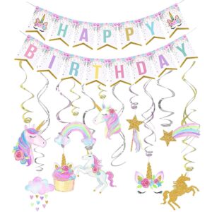 unicorn birthday decorations, sunicorn party decorations, unicorn party supplies, uincorn party favors, unicorn happy birthday banner and unicorn hanging swirl for girls birthday party decorations