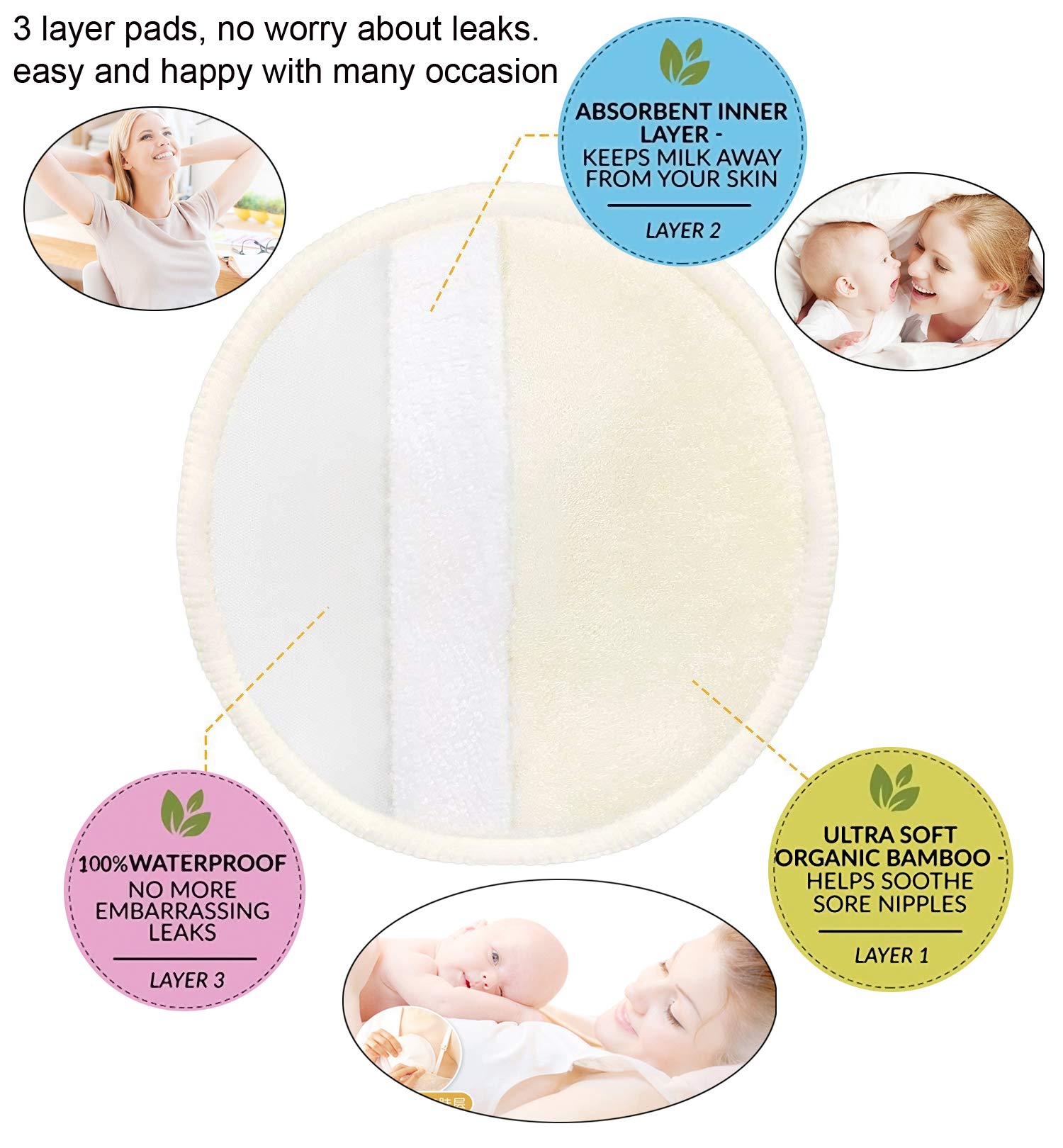 PINOWU Reusable Nursing Pads (10 Pack) for Breastfeeding Moms - 4.7 inch Washable Breastfeeding Nipple Pad for Maternity with Laundry Bag