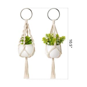 Dahey Mini Macrame Plant Car Accessories Rear View Mirrior Charm Cute Hanging Rearview Car Decor Boho Hanger with Artificial Succulent for Plant Lover, 2 Pcs, 10.5 inch, White