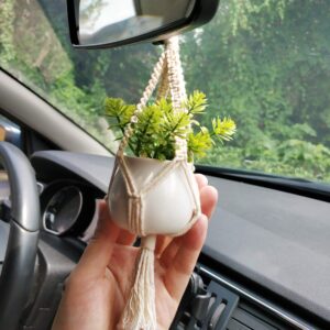 Dahey Mini Macrame Plant Car Accessories Rear View Mirrior Charm Cute Hanging Rearview Car Decor Boho Hanger with Artificial Succulent for Plant Lover, 2 Pcs, 10.5 inch, White