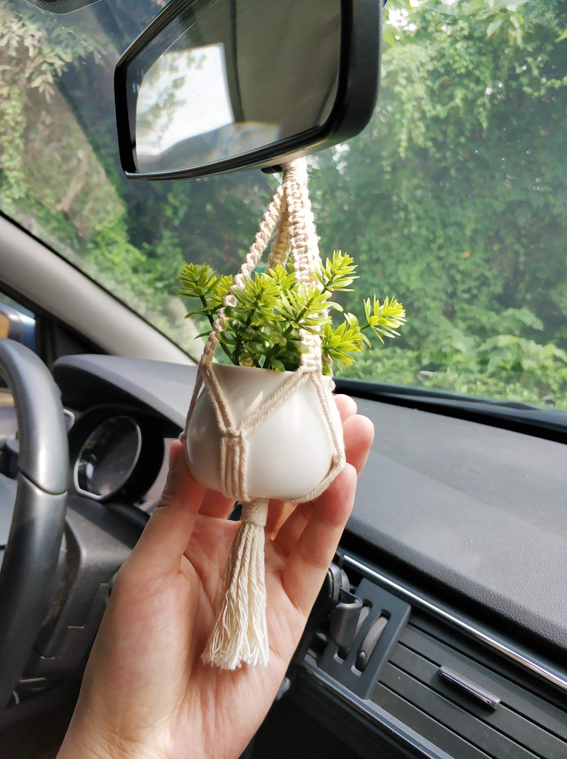 Dahey Mini Macrame Plant Car Accessories Rear View Mirrior Charm Cute Hanging Rearview Car Decor Boho Hanger with Artificial Succulent for Plant Lover, 2 Pcs, 10.5 inch, White