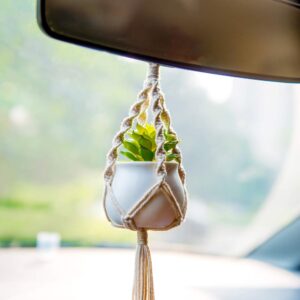 Dahey Mini Macrame Plant Car Accessories Rear View Mirrior Charm Cute Hanging Rearview Car Decor Boho Hanger with Artificial Succulent for Plant Lover, 2 Pcs, 10.5 inch, White