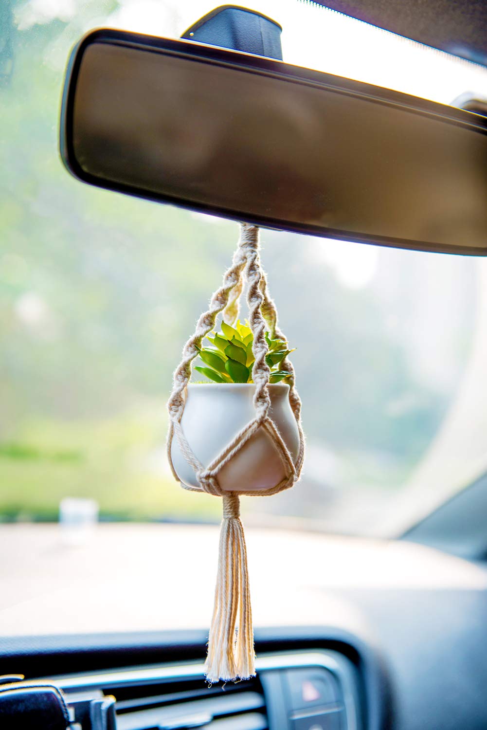 Dahey Mini Macrame Plant Car Accessories Rear View Mirrior Charm Cute Hanging Rearview Car Decor Boho Hanger with Artificial Succulent for Plant Lover, 2 Pcs, 10.5 inch, White