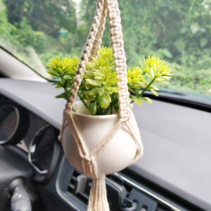 Dahey Mini Macrame Plant Car Accessories Rear View Mirrior Charm Cute Hanging Rearview Car Decor Boho Hanger with Artificial Succulent for Plant Lover, 2 Pcs, 10.5 inch, White