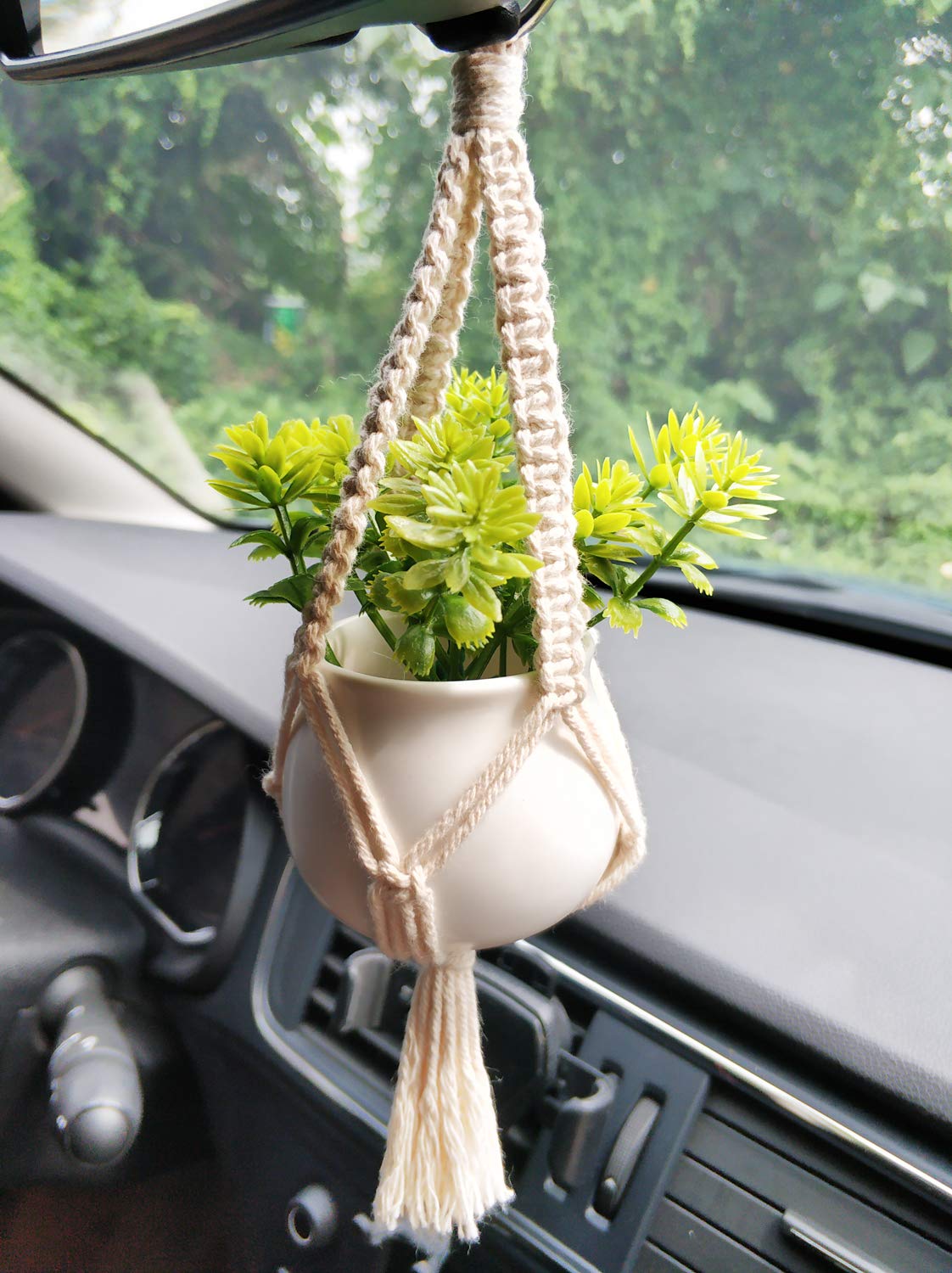 Dahey Mini Macrame Plant Car Accessories Rear View Mirrior Charm Cute Hanging Rearview Car Decor Boho Hanger with Artificial Succulent for Plant Lover, 2 Pcs, 10.5 inch, White