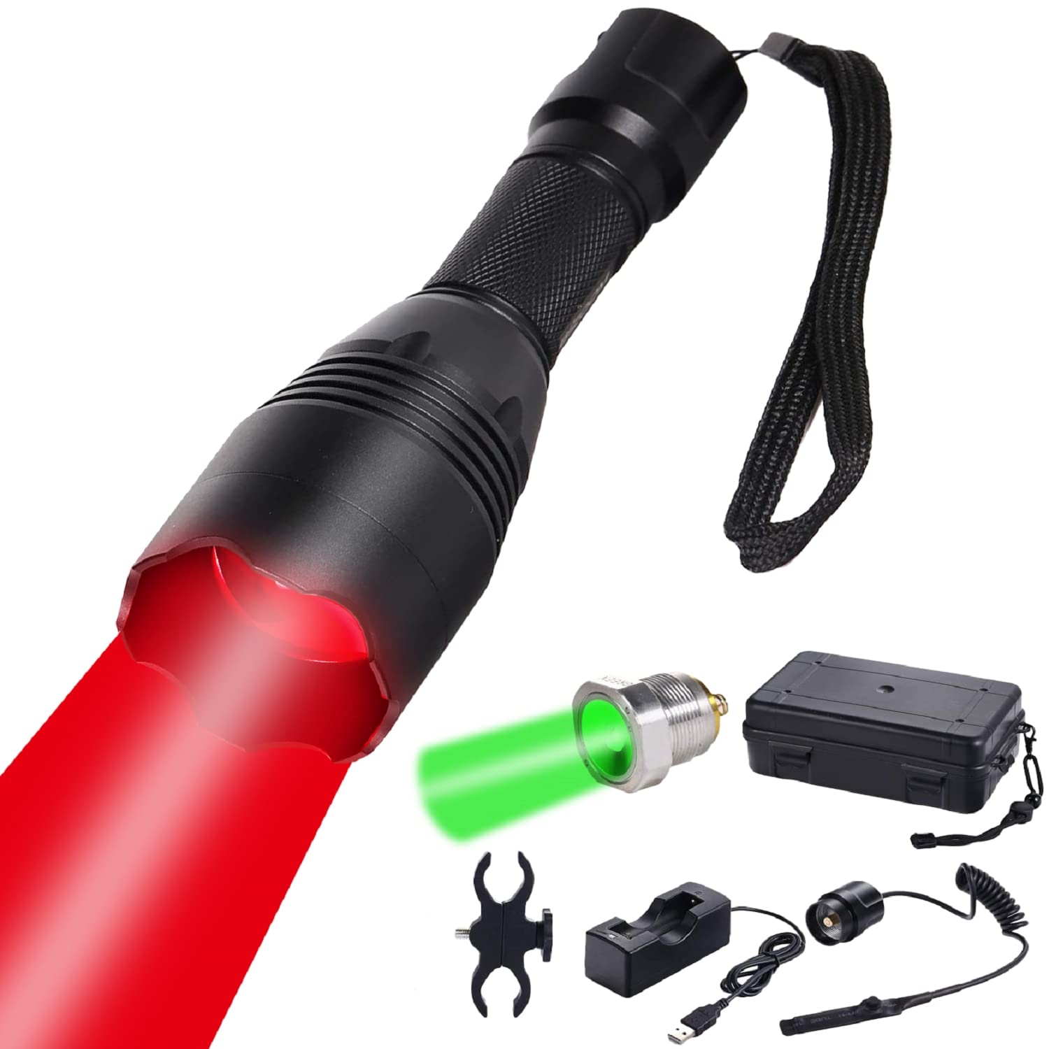 BIZOOM KL35 Hunting Flashlight Kit Zoomable Long Range Red Green LED Predator Light for Coyotes, Varmints