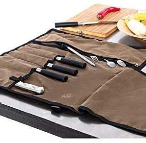 Chef’s Knife Roll, 5 Pockets Knife Bag,Waxed Canvas Roll Up Culinary Bag,Professional Cutlery Storage Case, Portable Knife Tool Roll Bag, Multi-Purpose Knife Cover For Cooking, Camping (Coffee)