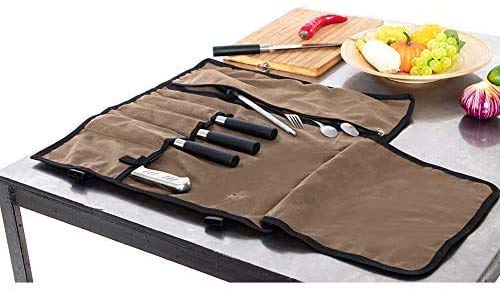 Chef’s Knife Roll, 5 Pockets Knife Bag,Waxed Canvas Roll Up Culinary Bag,Professional Cutlery Storage Case, Portable Knife Tool Roll Bag, Multi-Purpose Knife Cover For Cooking, Camping (Coffee)