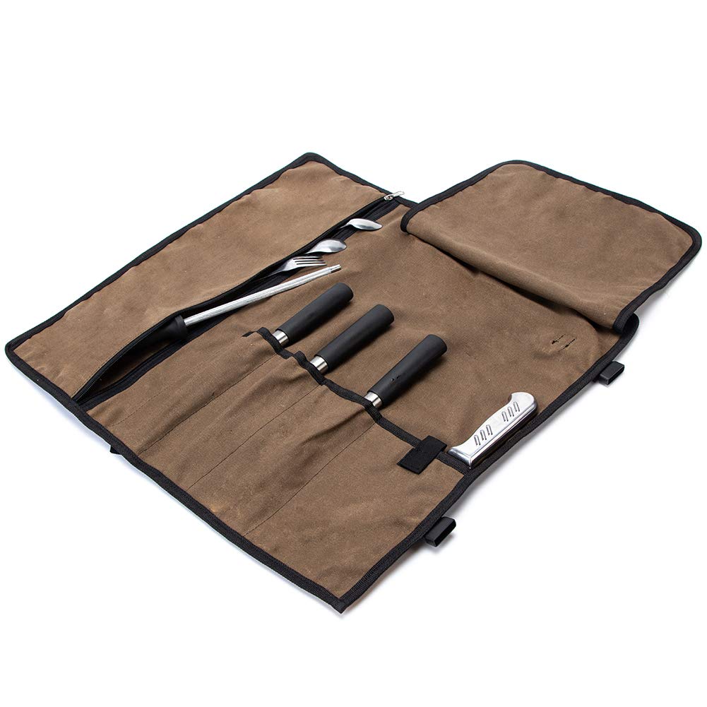 Chef’s Knife Roll, 5 Pockets Knife Bag,Waxed Canvas Roll Up Culinary Bag,Professional Cutlery Storage Case, Portable Knife Tool Roll Bag, Multi-Purpose Knife Cover For Cooking, Camping (Coffee)