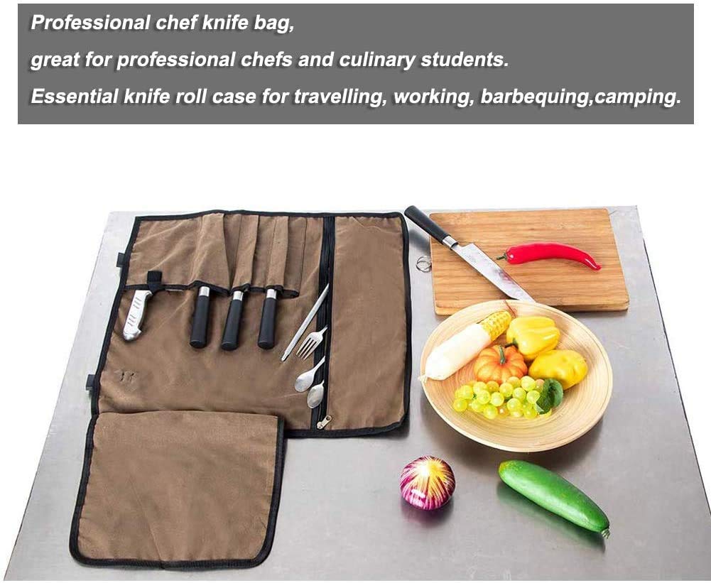 Chef’s Knife Roll, 5 Pockets Knife Bag,Waxed Canvas Roll Up Culinary Bag,Professional Cutlery Storage Case, Portable Knife Tool Roll Bag, Multi-Purpose Knife Cover For Cooking, Camping (Coffee)