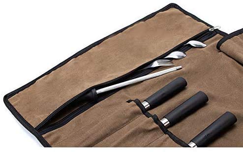 Chef’s Knife Roll, 5 Pockets Knife Bag,Waxed Canvas Roll Up Culinary Bag,Professional Cutlery Storage Case, Portable Knife Tool Roll Bag, Multi-Purpose Knife Cover For Cooking, Camping (Coffee)